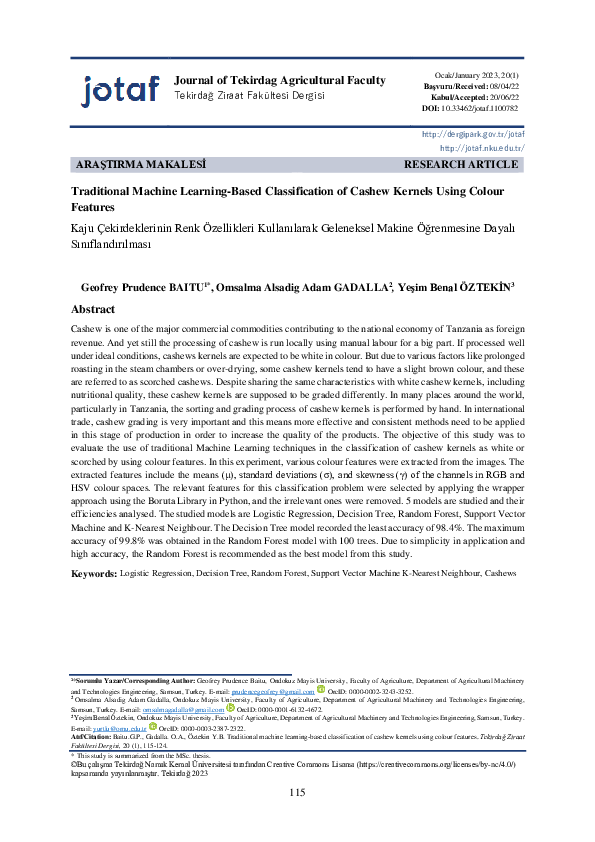 (PDF) Traditional Machine Learning-Based Classification of Cashew Kernels Using Colour Features