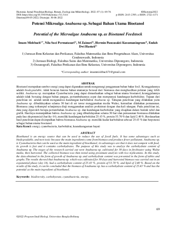 (PDF) Potensi Mikroalga Anabaena sp. Sebagai Bahan Utama Bioetanol
