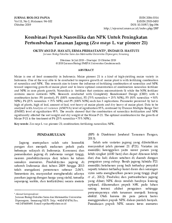 (PDF) Kombinasi Pupuk Nanosilika dan NPK Terhadap Pertumbuhan Tanaman Jagung (Zea mays L var ...