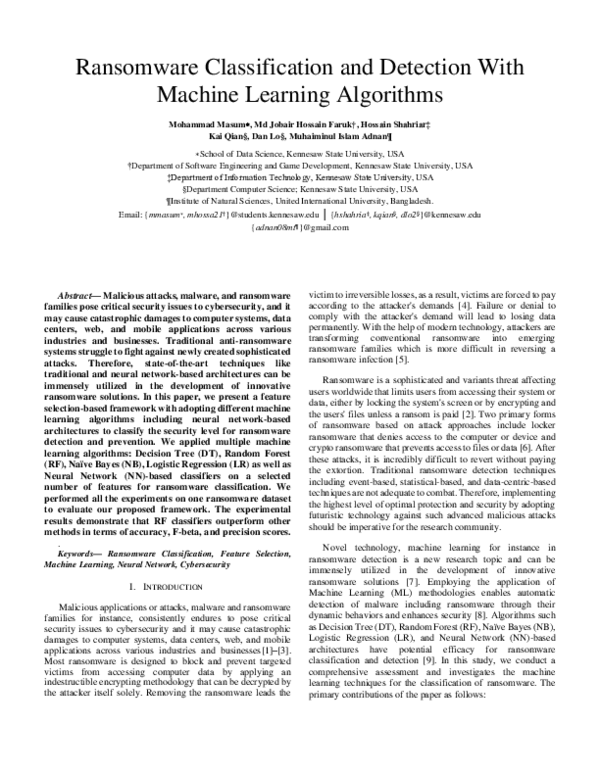 (PDF) Ransomware Classification and Detection With Machine Learning Algorithms