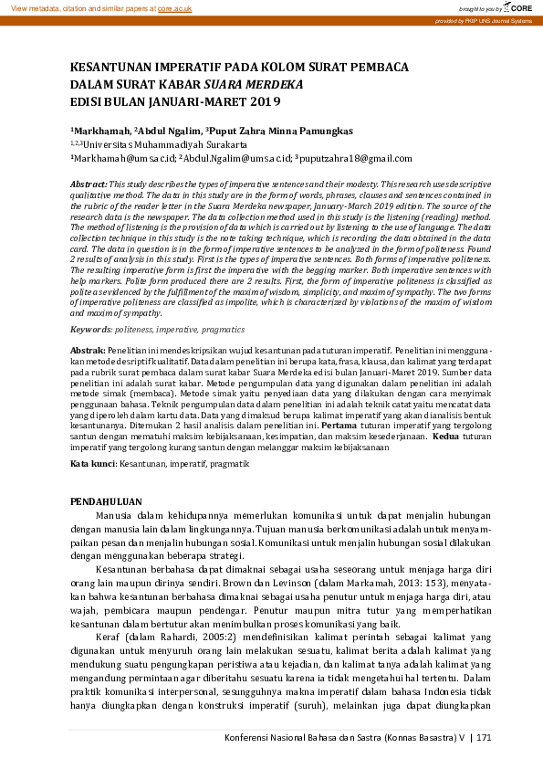 (PDF) Kesantunan Imperatif Pada Kolom Surat Pembaca Dalam Surat Kabar ...