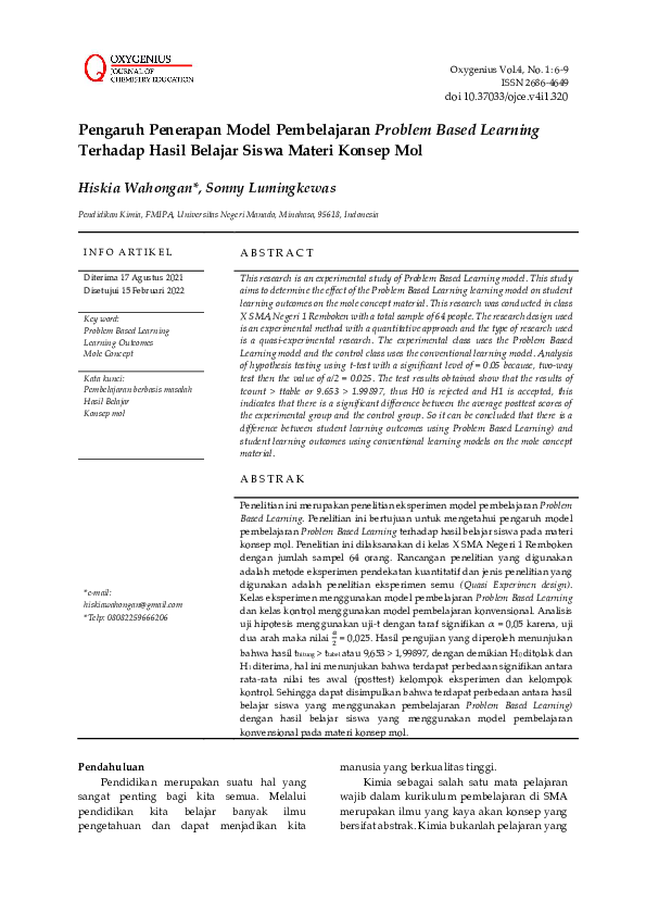 (PDF) Pengaruh Penerapan Model Pembelajaran Problem Based Learning Terhadap Hasil Belajar Siswa ...