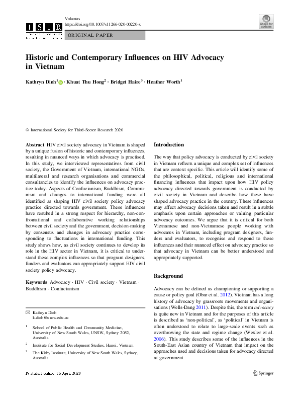 (PDF) Historic and Contemporary Influences on HIV Advocacy in Vietnam