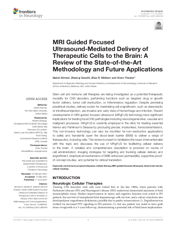 (PDF) MRI Guided Focused Ultrasound-Mediated Delivery of Therapeutic Cells to the Brain: A ...