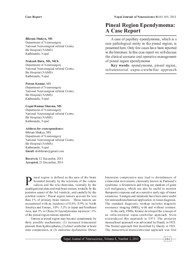(PDF) Pineal Region Ependymoma: A Case report