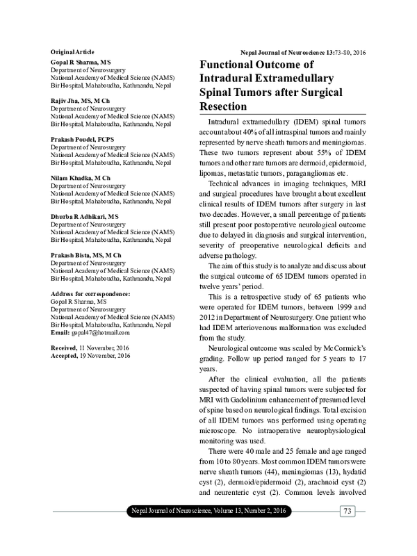 (PDF) Functional Outcome of Intradural Extramedullary Spinal Tumors ...