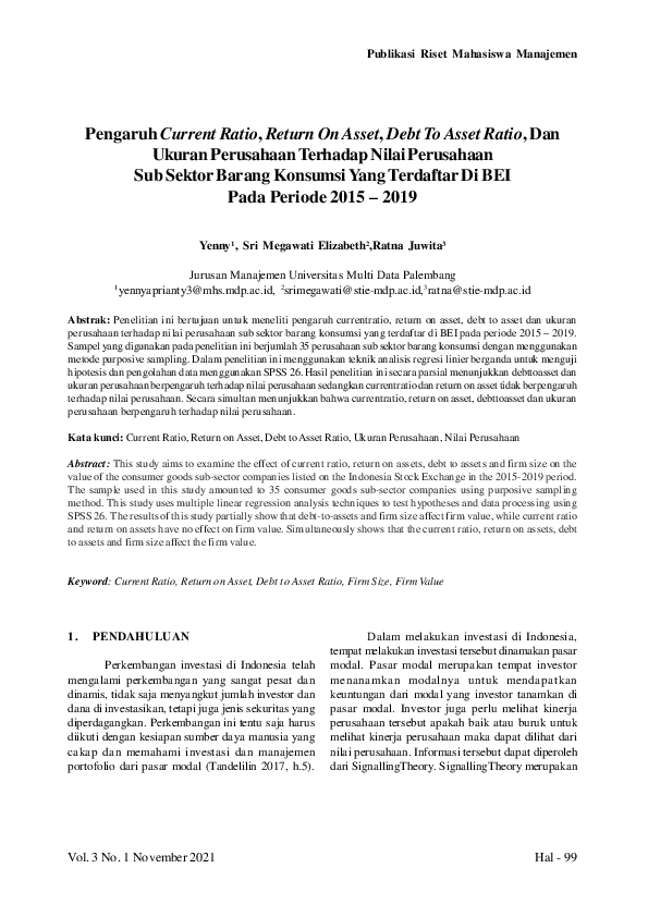 (PDF) Pengaruh Current Ratio, Return On Asset, Debt To Asset Ratio, Dan ... (PDF) Pengaruh Current Ratio, Return On Asset, Debt To Asset Ratio, Dan ...