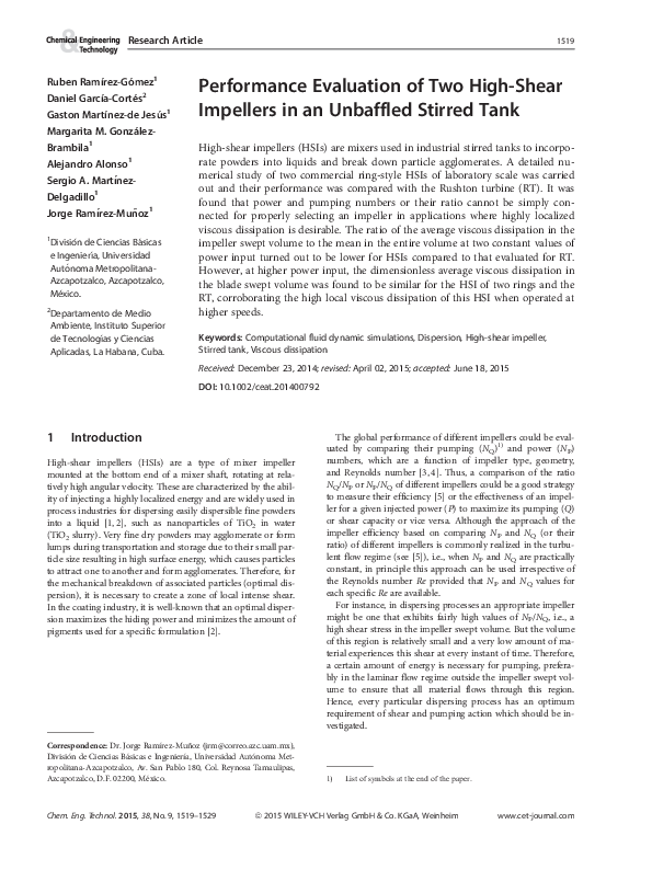 (PDF) Performance Evaluation of Two High‐Shear Impellers in an ...