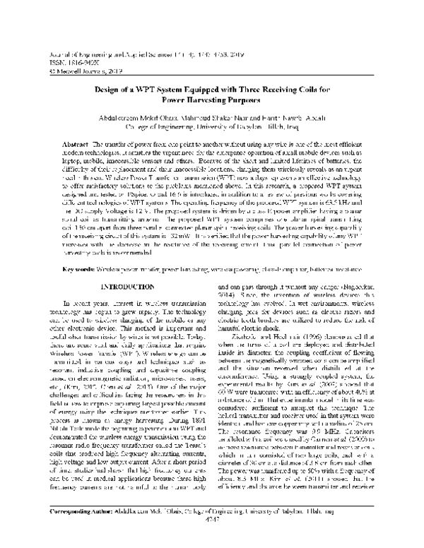 (PDF) Design of a WPT System Equipped with Three Receiving Coils for Power Harvesting Purposes