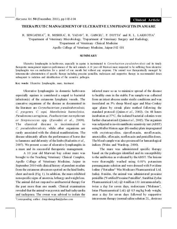 (PDF) Therapeutic management of ulcerative lymphangitis in a mare