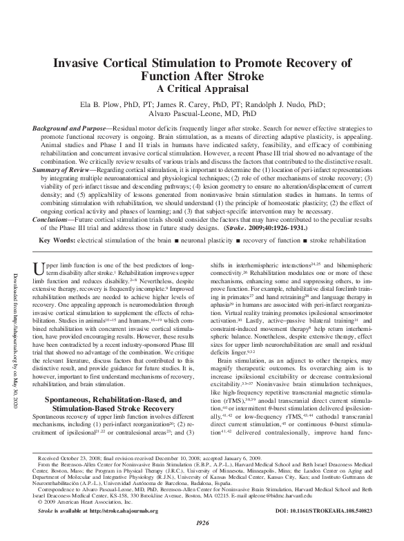 (PDF) Invasive Cortical Stimulation to Promote Recovery of Function ...