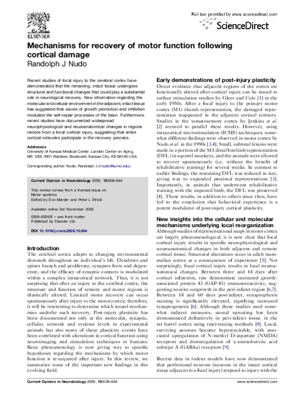 (PDF) Mechanisms for recovery of motor function following cortical damage