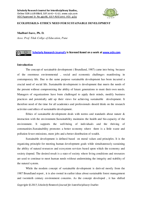 (PDF) ECOLIFESKILS-ETHICS NEED FOR SUSTAINABLE DEVELOPMENT