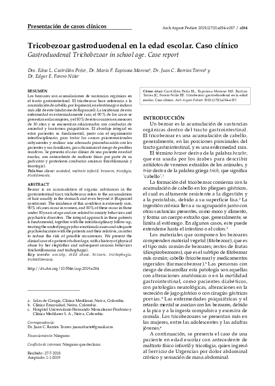 (PDF) Tricobezoar gastroduodenal en la edad escolar. Caso clínico ...
