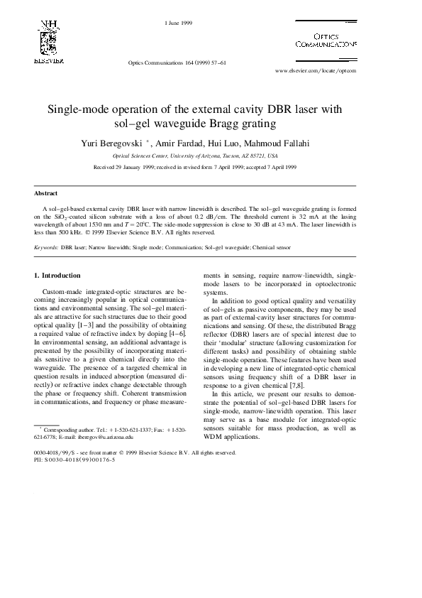 (PDF) Single-mode operation of the external cavity DBR laser with sol–gel waveguide Bragg grating