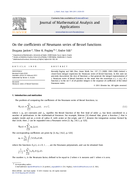 (PDF) On the coefficients of Neumann series of Bessel functions