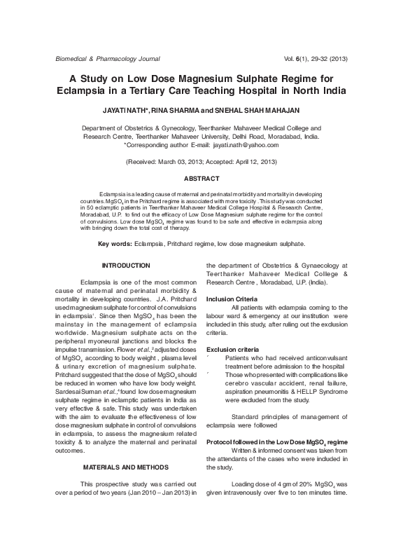 (PDF) A Study on Low Dose Magnesium Sulphate Regime for Eclampsia in a ...