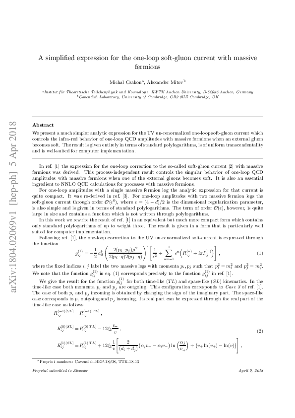 (PDF) A simplified expression for the one-loop soft-gluon current with massive fermions