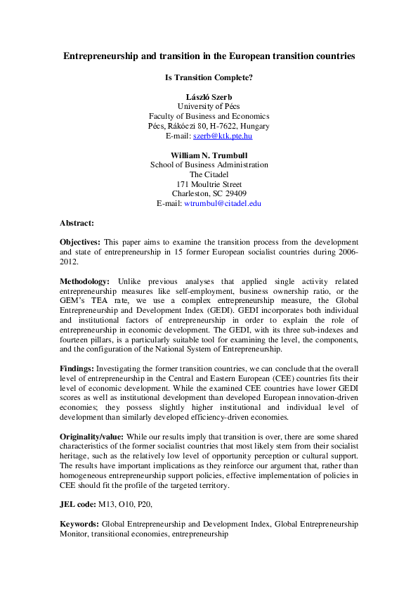 (PDF) Entrepreneurship and transition in the European transition countries