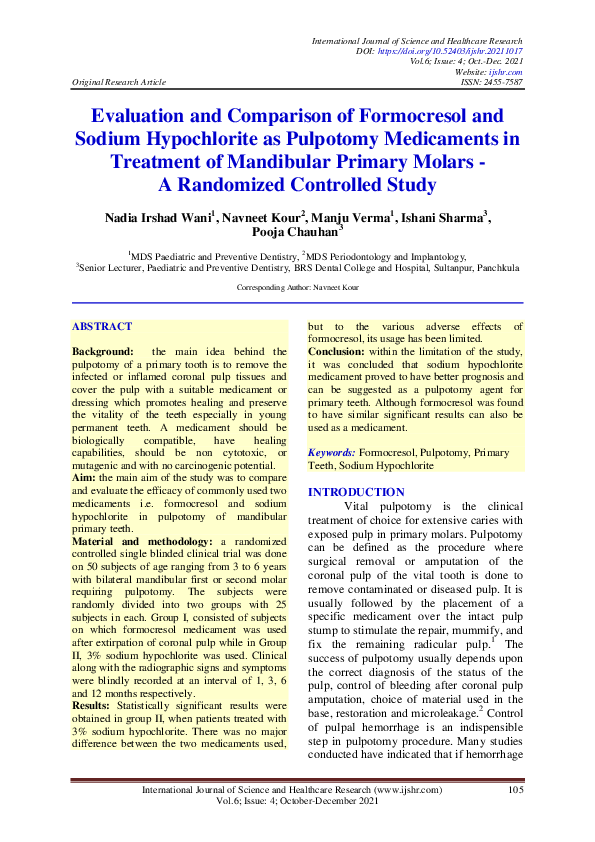 (PDF) Evaluation and Comparison of Formocresol and Sodium Hypochlorite ...