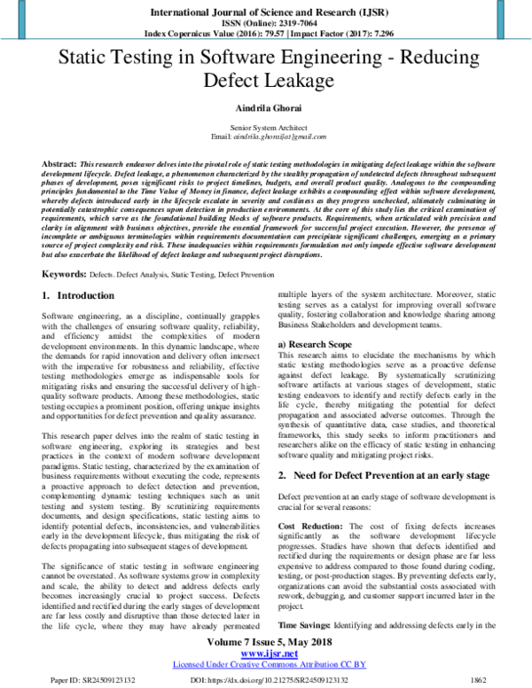 (PDF) Static Testing in Software Engineering -Reducing Defect Leakage