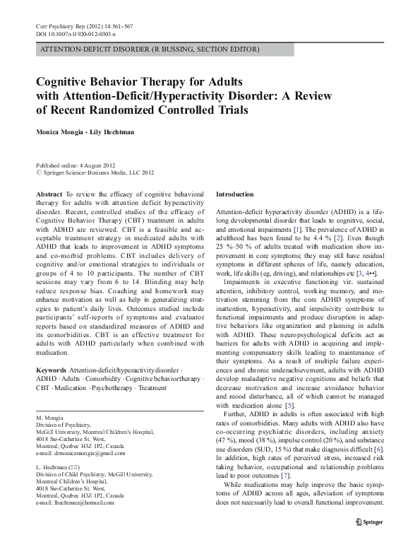 (PDF) Cognitive Behavior Therapy for Adults with Attention-Deficit/Hyperactivity Disorder: A ...