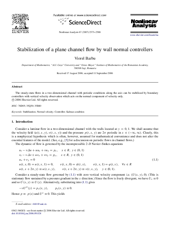 (PDF) Stabilization of a plane channel flow by wall normal controllers