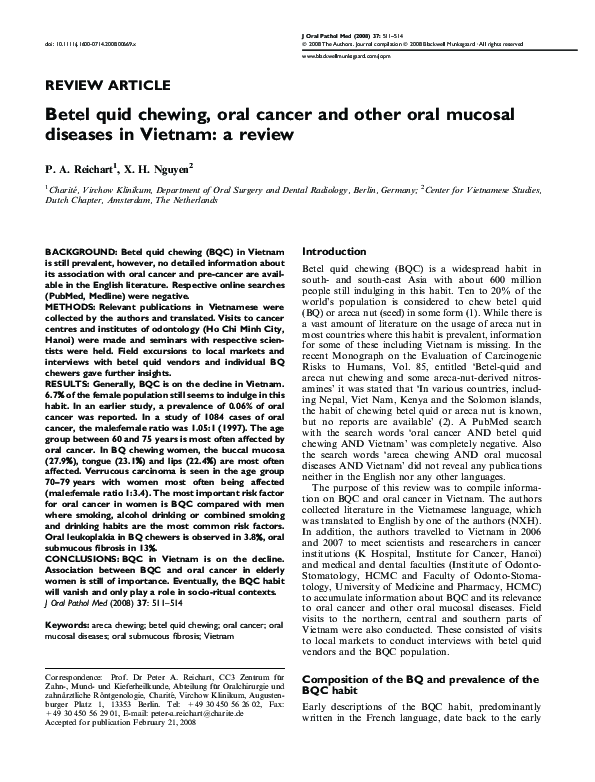 (PDF) Betel quid chewing, oral cancer and other oral mucosal diseases ...
