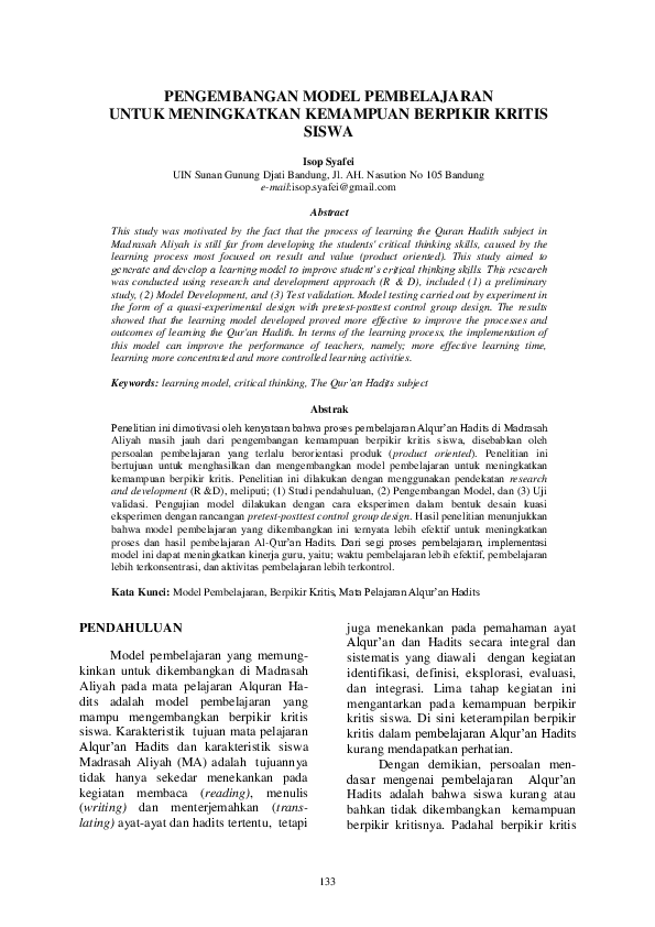 (PDF) Pengembangan Model Pembelajaran Untuk Meningkatkan Kemampuan Berpikir Kritis Siswa