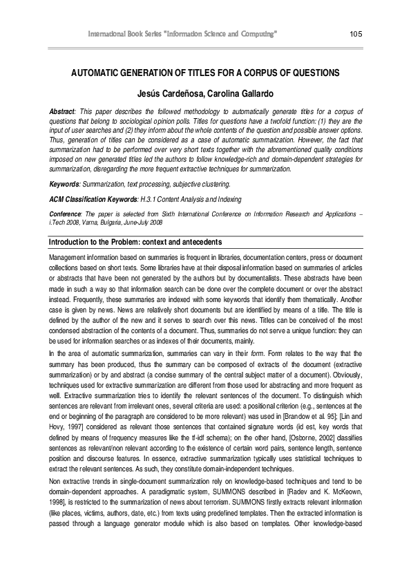 (PDF) Automatic Generation of Titles for a Corpus of Questions