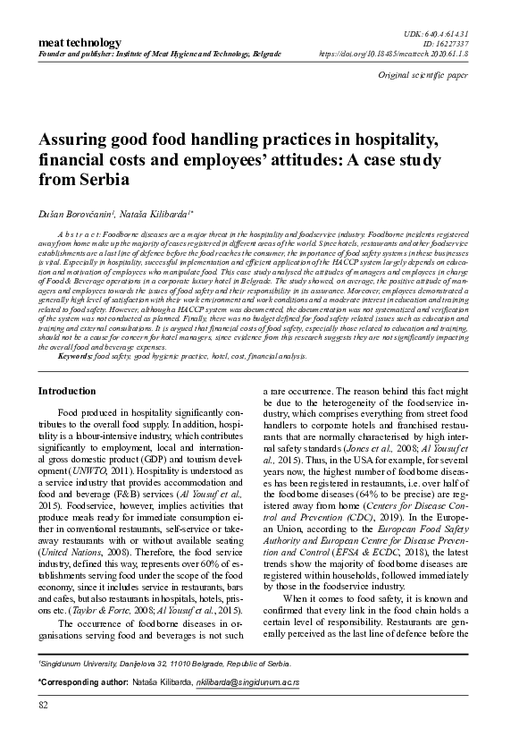 (PDF) Assuring Good Food Handling Practices in Hospitality, Financial ...