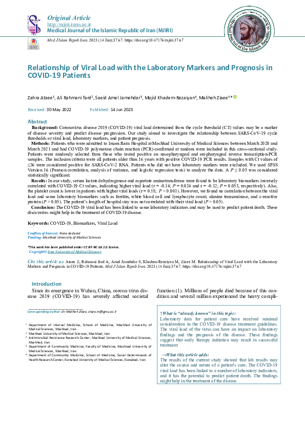 (PDF) Relationship of Viral Load with the Laboratory Markers and ...