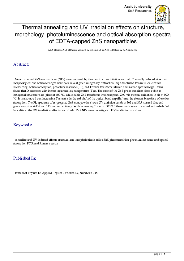 (PDF) Thermal annealing and UV irradiation effects on structure, morphology, photoluminescence ...