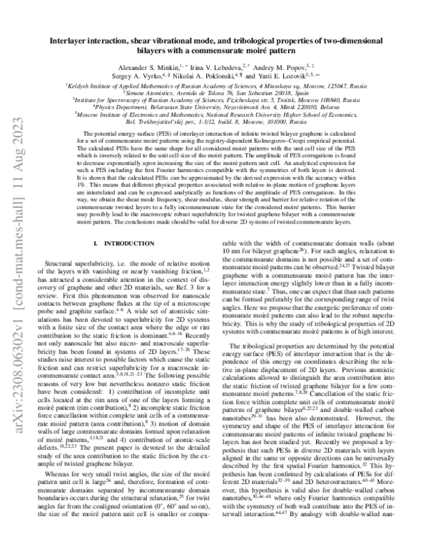 (PDF) Interlayer interaction, shear vibrational mode, and tribological ...