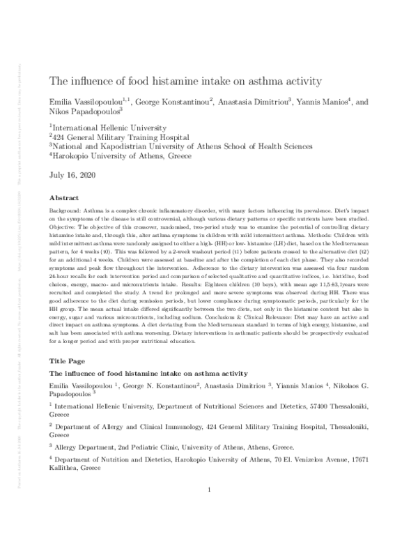 (PDF) The influence of food histamine intake on asthma activity ...