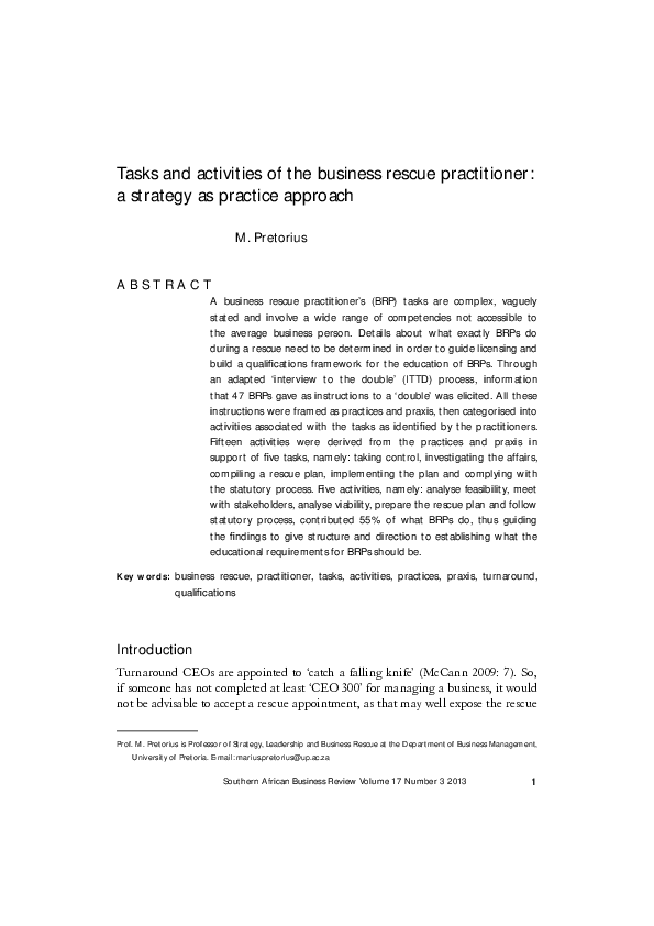 (PDF) Tasks and activities of the business rescue practitioner: a ...