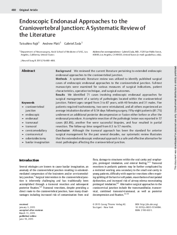 (PDF) Endoscopic Endonasal Approaches to the Craniovertebral Junction: A Systematic Review of ...