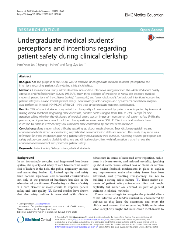 (PDF) Undergraduate medical students’ perceptions and intentions regarding patient safety during ...