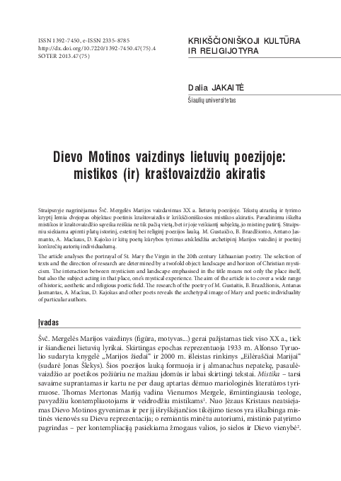 (PDF) Dievo Motinos vaizdinys lietuvių poezijoje : mistikos (ir) kraštovaizdžio akiratis