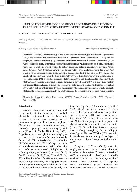 (PDF) Supportive Work Environment and Turnover Intention: Testing the ...