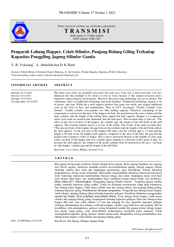 (PDF) Pengaruh Lubang Hopper, Celah Silinder, Panjang Bidang Giling ...