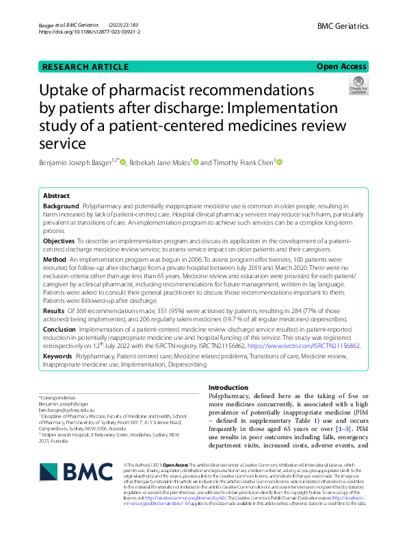 (PDF) Uptake of pharmacist recommendations by patients after discharge ...