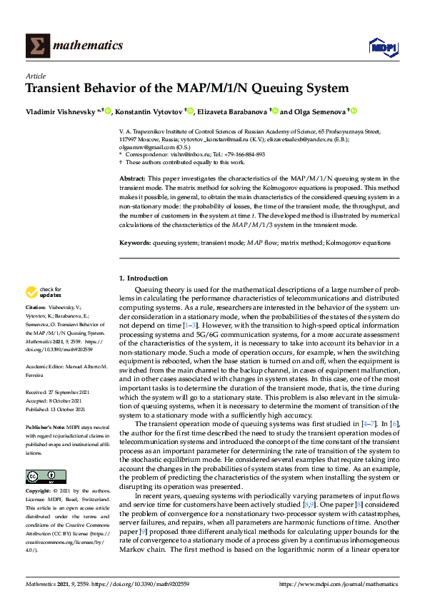 (PDF) Transient Behavior of the MAP/M/1/N Queuing System | Olga Semenova - Academia.edu