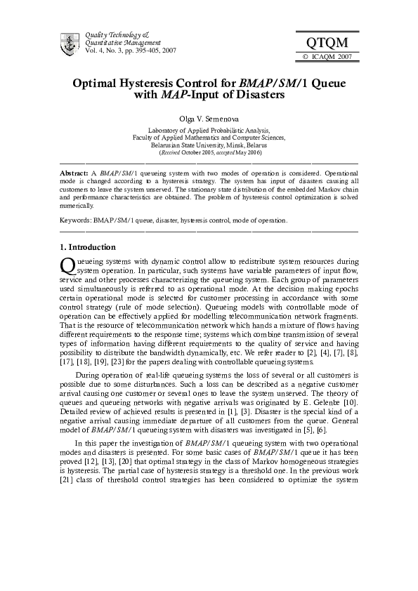(PDF) Optimal Hysteresis Control forBMAP/SM/1Queue with MAP-Input of Disasters