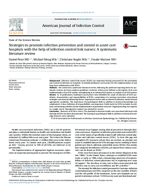 (PDF) Strategies to promote infection prevention and control in acute care hospitals with the ...