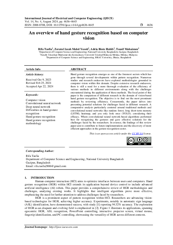 (PDF) An overview of hand gesture recognition based on computer vision (PDF) An overview of hand gesture recognition based on computer vision