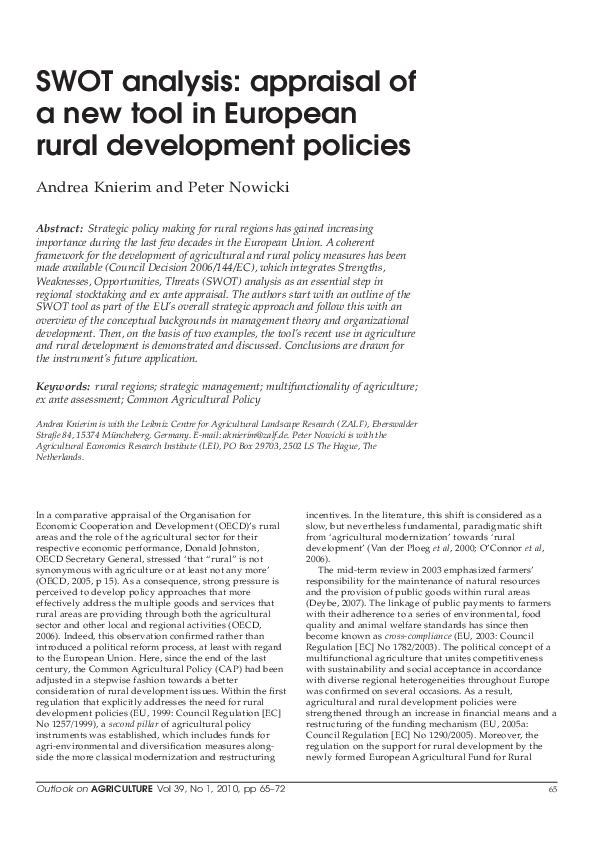 (PDF) SWOT Analysis: Appraisal of a New Tool in European Rural ...