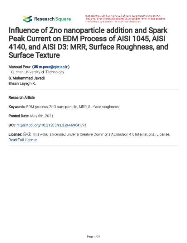 (PDF) Influence of Zno nanoparticle addition and Spark Peak Current on EDM Process of AISI 1045 ...
