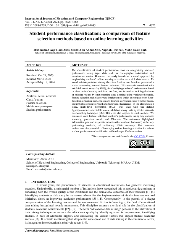 (PDF) Student performance classification: a comparison of feature selection methods based on ...