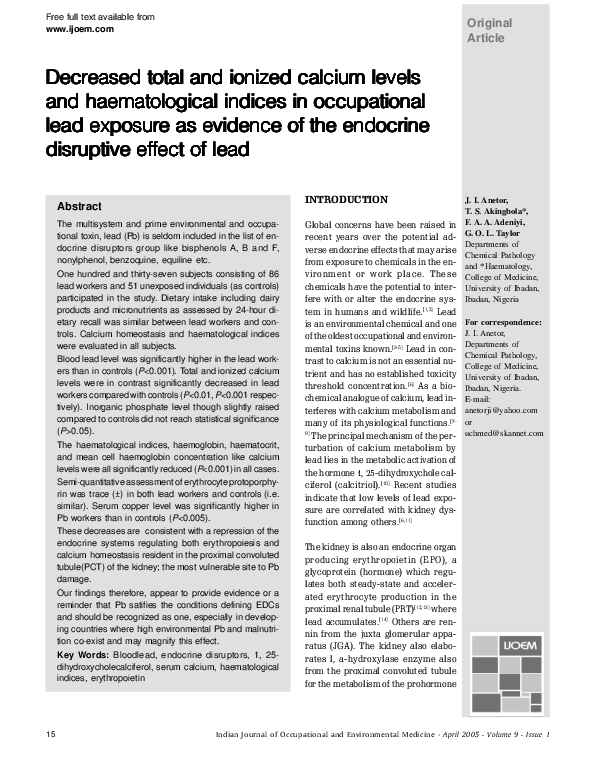 (PDF) Decreased total and ionized calcium levels and haematological ...